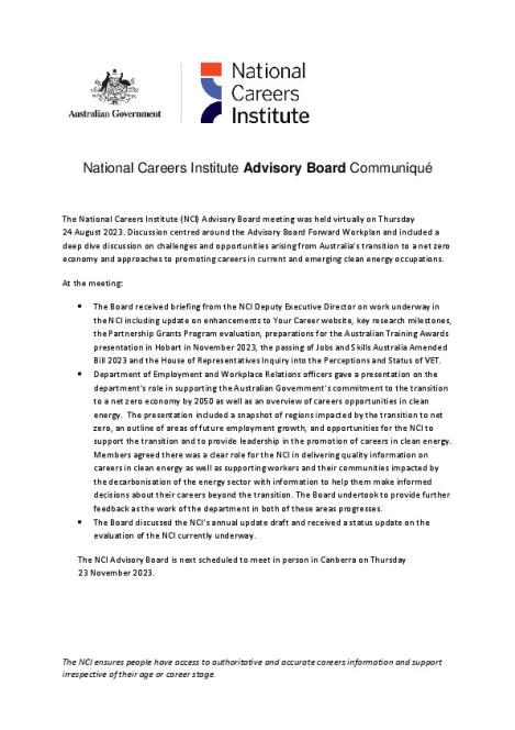 National Careers Institute Advisory Board Communiqué - 24 August 2023 ... National Careers Institute Advisory Board Communiqué - 24 August 2023 ...